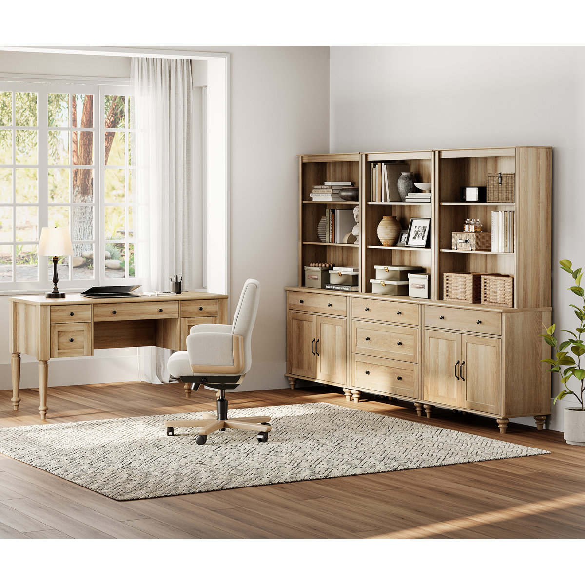 August Grove® 2 Piece Office Set, 56" Executive Desk, Bookcases With 5 Drawers And 2 Doors, Oak ...